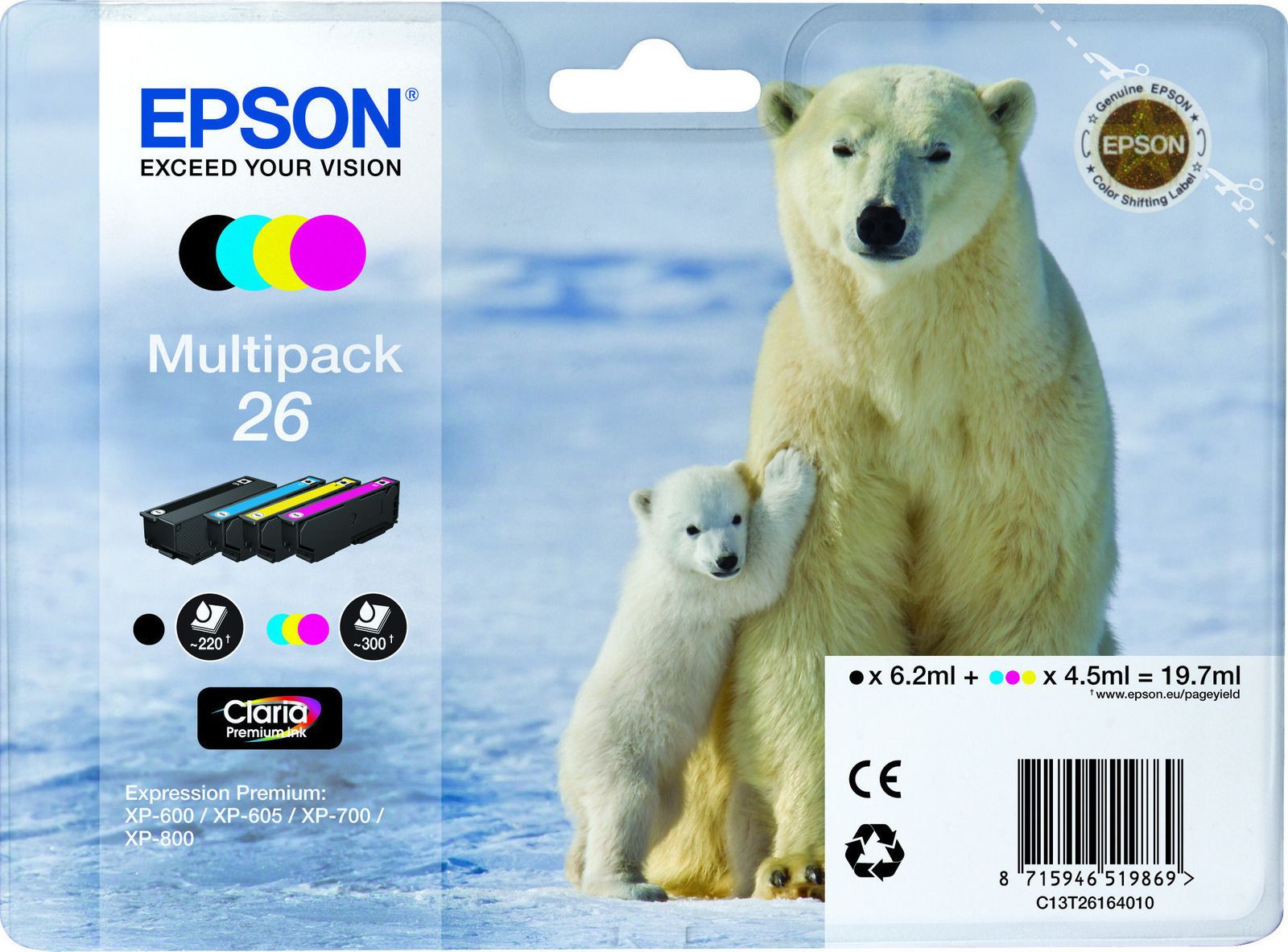 Epson No 26 Multipack Inkjet BK/C/Y/M (C13T261640)